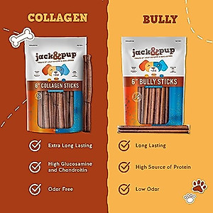 Jack&Pup 6" Beef Collagen Sticks for Dogs, Rawhide Free Dog Chews Long Lasting Collagen Chews for Dogs Healthy Dog Treats for Medium Dogs Joint Support for Dogs | Bully Stick Alternative (10 Pack)