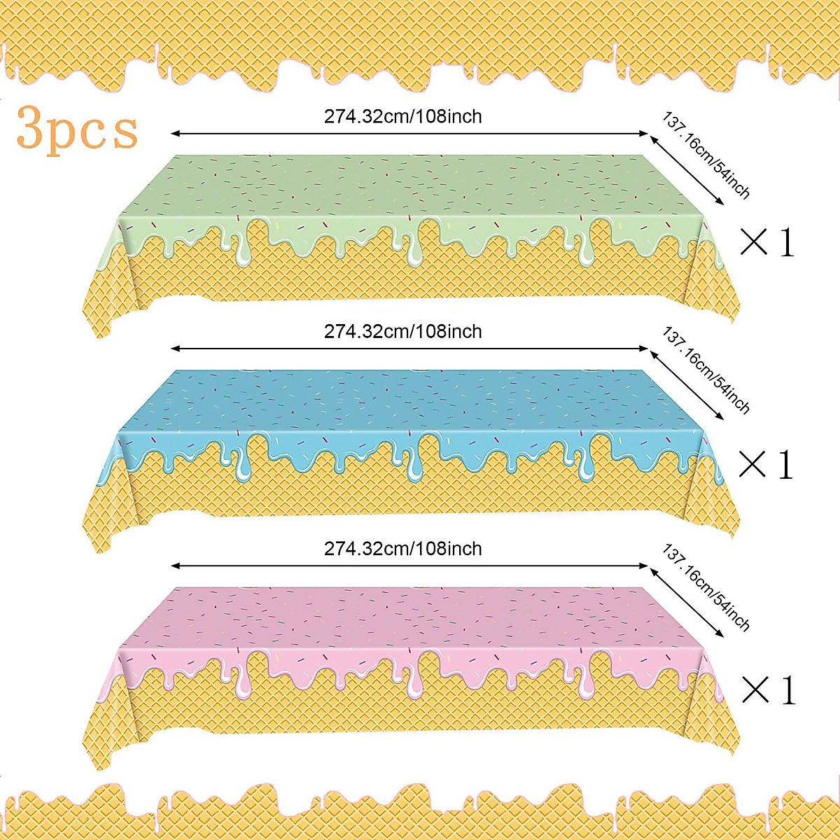Foxrush Ice Cream Party Decoations 3 Pcs Ice Cream Birthday Party Supplies, Ideal Table Cover for Kids and Girls Birthday, Baby Shower Summer Themed Parties,Pink,Blue and Green Ice Cream Tablecloth