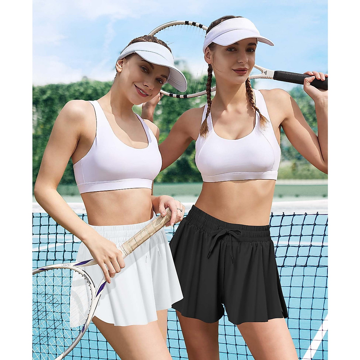 QooNoo 2 in 1 Athletic Shorts for Women Flowy Running Butterfly Shorts with Pockets High Elastic Gym Shorts Workout Tennis Skorts (Black,X-Small)