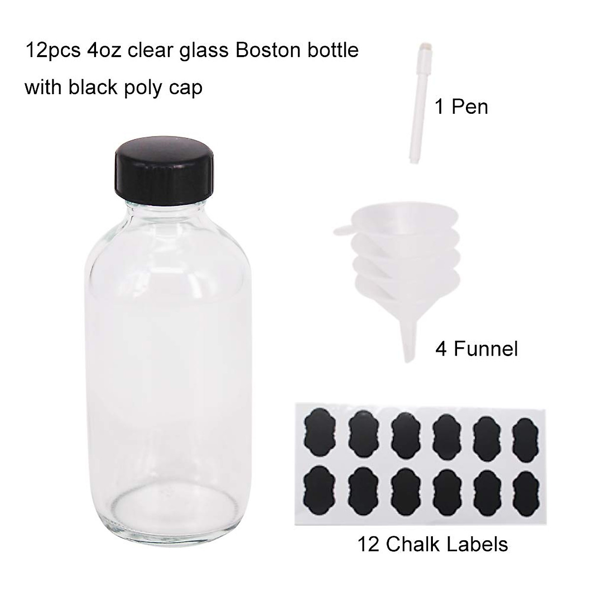 BPFY 12 Pack Clear 4 oz Glass Bottle with Caps, Funnel, Chalk Labels, Pen, Vanilla Extract Bottle, Boston Bottles for Potion, Juice, Ginger Shots, Turmeric Shot, Whiskey, Herbal Medicine, Maple Syrup