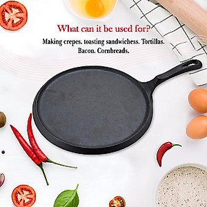 Alpine Cuisine Round Comal Cast Iron 10 Inch Seasoned Coating Black with Durable Single Handle – Comfortable Comal For Cooking, Even Heating & Versatile Kitchen Cookware Color Sleeve Bag Packing