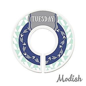 Modish Labels, Weekly Clothes Organizer, Days of The Week Closet Organizer System, Daily Closet Organizer, Closet Dividers, School Clothes Dividers (Navy Mint Arrows)