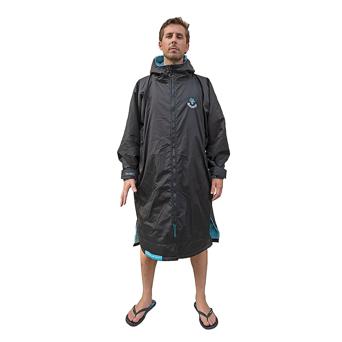 4MonsterSwim Parka with Hood,Quick-Dry Wetsuit Changing Robe Waterproof,Warm Coat Surf Poncho for Water Sport, Beach&Pool (Long Sleeve Black, X-Large)
