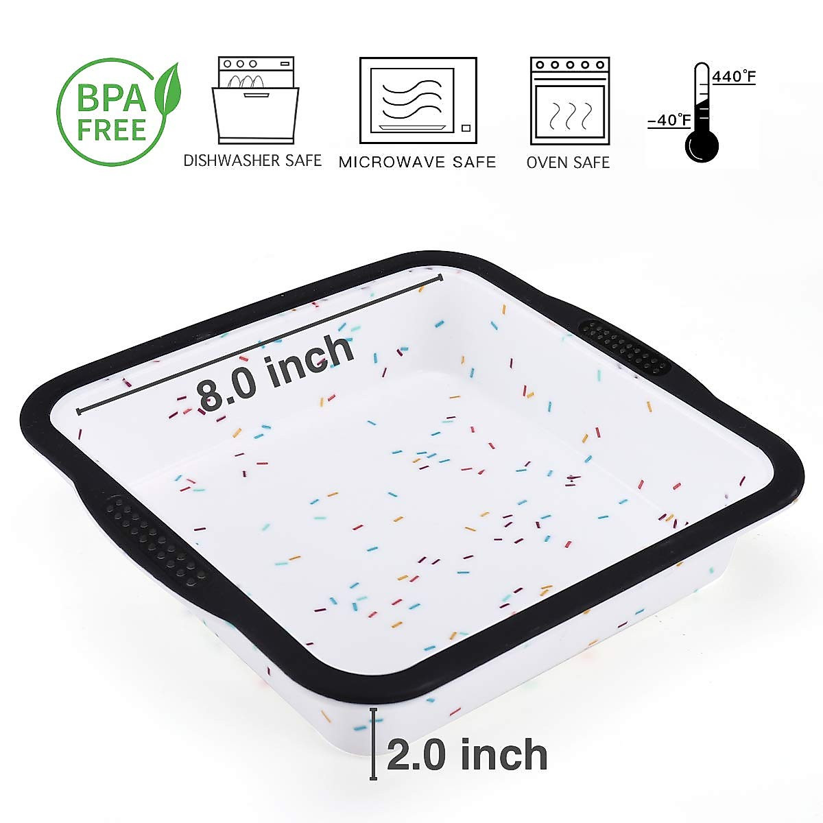 Colorful Taco Holder Stands Set of 6 - Premium Large Taco Tray Plates Holds Up to 3 or 2 Tacos Each, PP Health Material & Non-Stick Silicone Square Cake Pan 8 x 8 inch with reinforced Stainless Steel