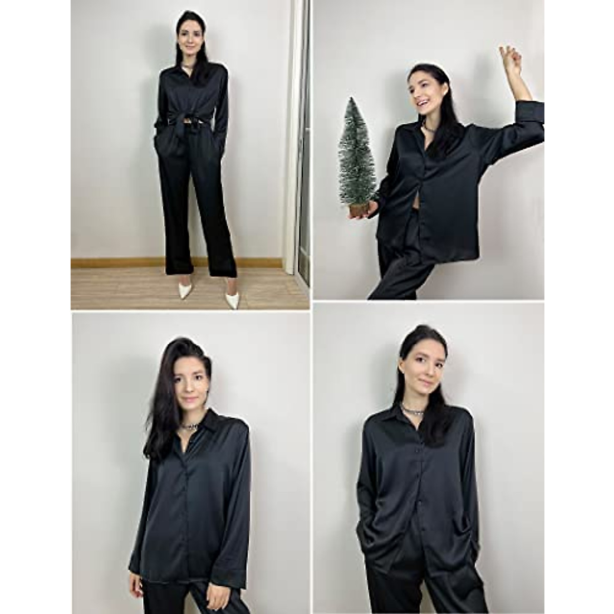 Ekouaer Black Silk Pajamas for Womens Satin Soft Sleepwear Long Sleeve Button loungewear Pj Set with Pockets Black Large