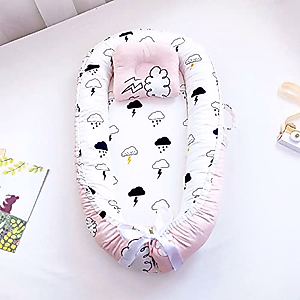 Vohunt Baby Lounger,100% Cotton Co-Sleeper for Baby 0-12M in Bed with Alternate Double-Sided,Newborn Lounger Adjustable Size & Strong Zipper Lengthen Space to 3 Tears Old(Pink Clouds)