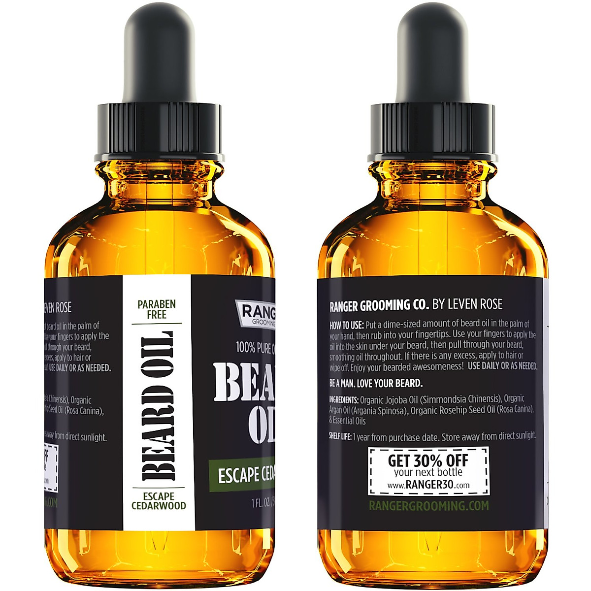 Leven Rose Escape Cedarwood Beard Oil & Leave In Conditioner, 100% Pure Natural Organic for Groomed Beards, Mustaches, and Moisturized Skin 1 oz by Ranger Grooming Co