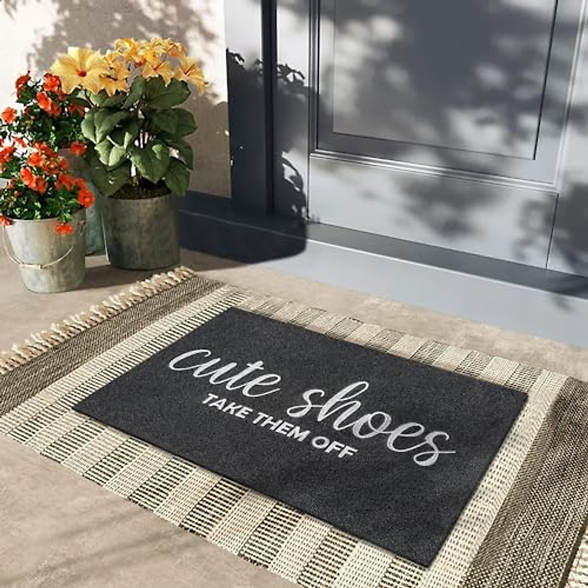 Welcome Mat Outdoor Entryway Cute Shoes Take Them Off Mats for Front Door with Rubber Backing Doormat Indoor Mat Polystyrene Non Slip Natural Mat Black