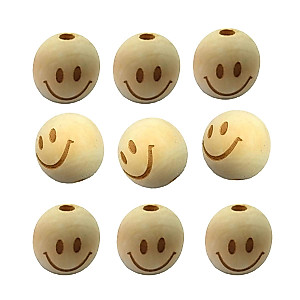 Alenybeby 50pcs 20mm Round Natural Wood Beads Laser Printing Smile face Beads Necklace Wooden Beads for Key Chain Jewelry Making (Smiley face 50pcs)