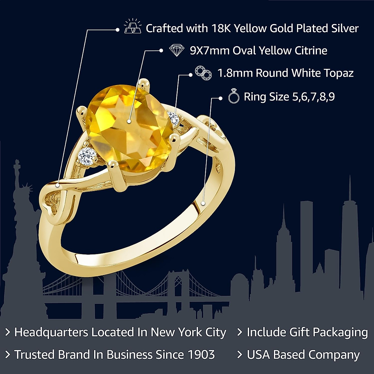 Gem Stone King 18K Yellow Gold Plated Silver Yellow Citrine and White Topaz Engagement Ring For Women | 1.55 Cttw | Oval 9X7MM | Gemstone Birthstone | Ring Size 5-9