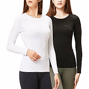 DEVOPS Women's 2 Pack Thermal Long Sleeve Shirts Compression Baselayer Tops (Medium, Black/White)