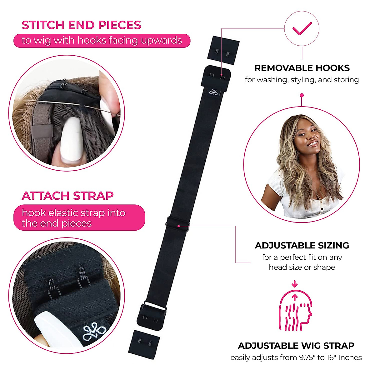 Milano Adjustable Elastic Wig Band with Hooks for Secure Fit & Comfort for Wigs and Lace Front Wigs - Wig Strap, Headband, & Wig Grip Accessories, Black