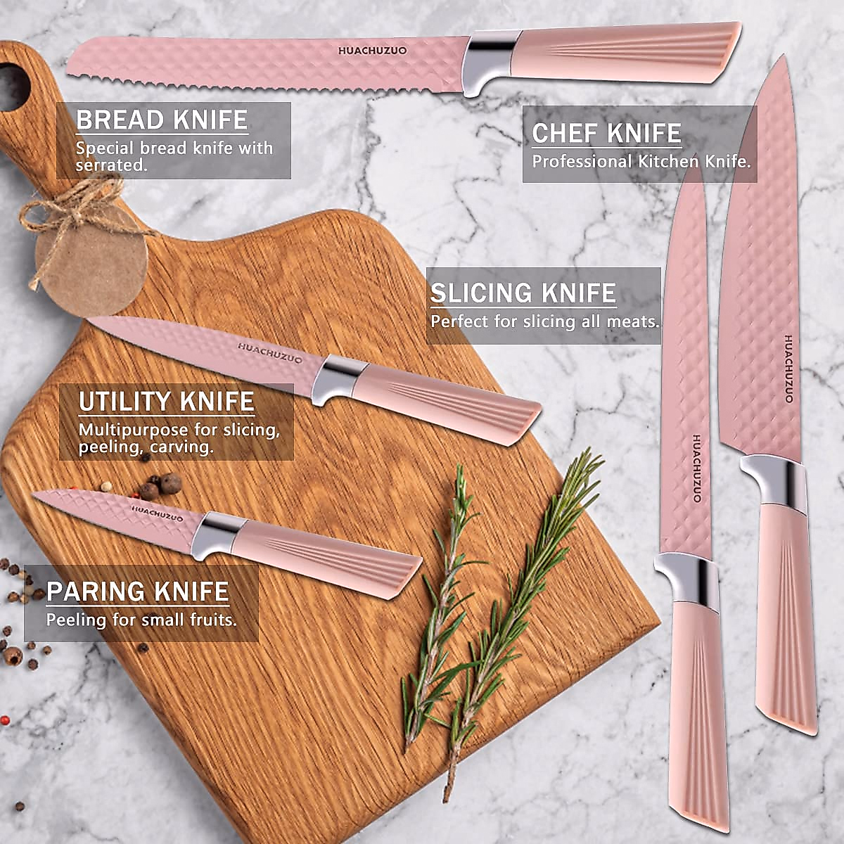 KoudHug Kitchen Knife Set, 9 pieces Pink Knife Set with Acrylic Block Cutting Board & Sharpener, High Carbon Stainless Steel Chef Knife Block Set for Cutting Slicing Dicing Chopping, Nonstick Coating