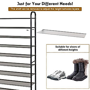 LDAILY Moccha Free Standing 10-Tier Shoe Rack, Space-saving Shoe Organizer with Metal Frame, Storage Organizer for Home Office, Free Standing Shoe Shelf, Black