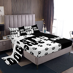 Cute Dog Paws Print Kids Sheet King Size,Dog Side My Side Bedding Set,Boys Girls Room Decor,Kawaii Puppy Animal Pet Rustic Black White Bed Sheet Set 4pcs(Fitted + Flat + 2 Pillowcases)