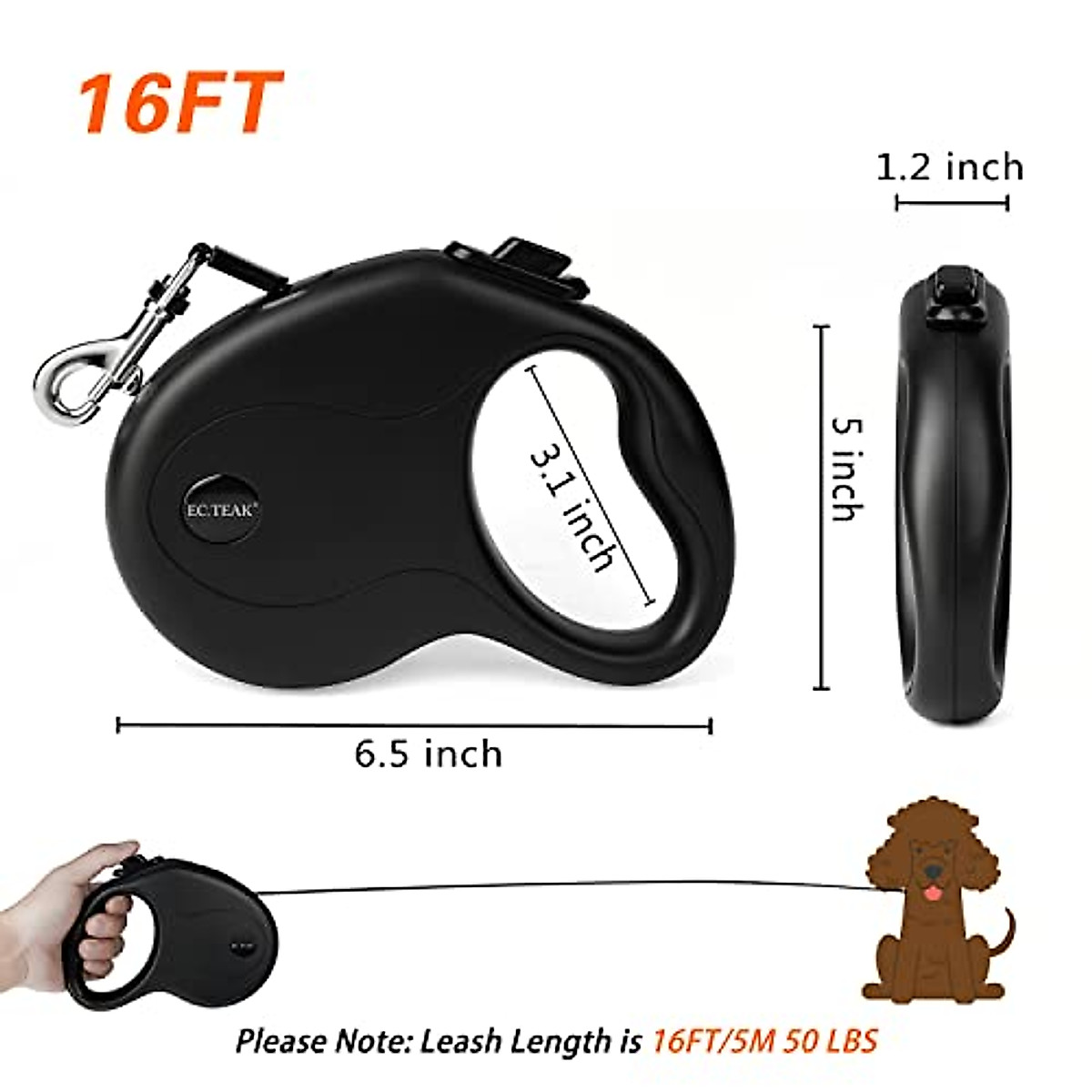 EC.TEAK Retractable Dog Leash, 16 FT Dog Walking Leash for Small/Medium Dog or Cat up to 50 lbs, Tangle Free, One-Hand Brake