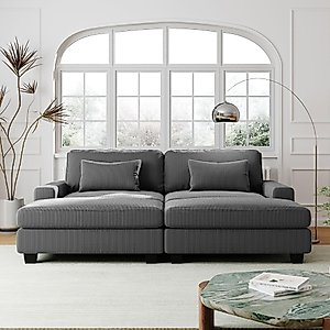 JIVOIT 90'' Square Arm Sofa with Two Detachable Ottomans, Velvet Fabric Sofa Set with Removable Back Cushions and 2 Pillows, Couch for Living Room, Office, Apartment (Grey * 037)