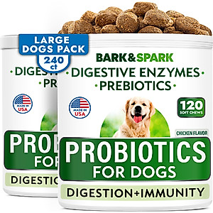 BARK&SPARK Dog Probiotics & Digestive Enzymes (Gut Health) Allergy & Itchy Skin - Pet Diarrhea Gas Treatment Upset Stomach Relief, Digestion Health Prebiotic Supplement Large Dog Treats (240Ct Bacon)