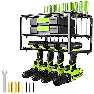 Power Tool Organizer, Drill Holder Storage Rack with Wall Mounted 4 Drill Slots 3 Layers Garage Tool Organizer Storage Wrench and Srewdriver Rack for Home and Workshop