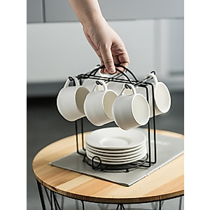 YHOSSEUN Espresso Cups and Saucers with Metal Stand, Porcelain Demitasse Cups Set for Espresso, Latte, Cafe Mocha, Cappuccino and Tea, 3 Ounce, Set of 6, White