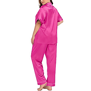 SWOMOG Satin Pjs for Women Plus Size Pj Set Summer Pajamas Smooth and Soft Pajama Set Comfy Nightwear 24W Rose Red