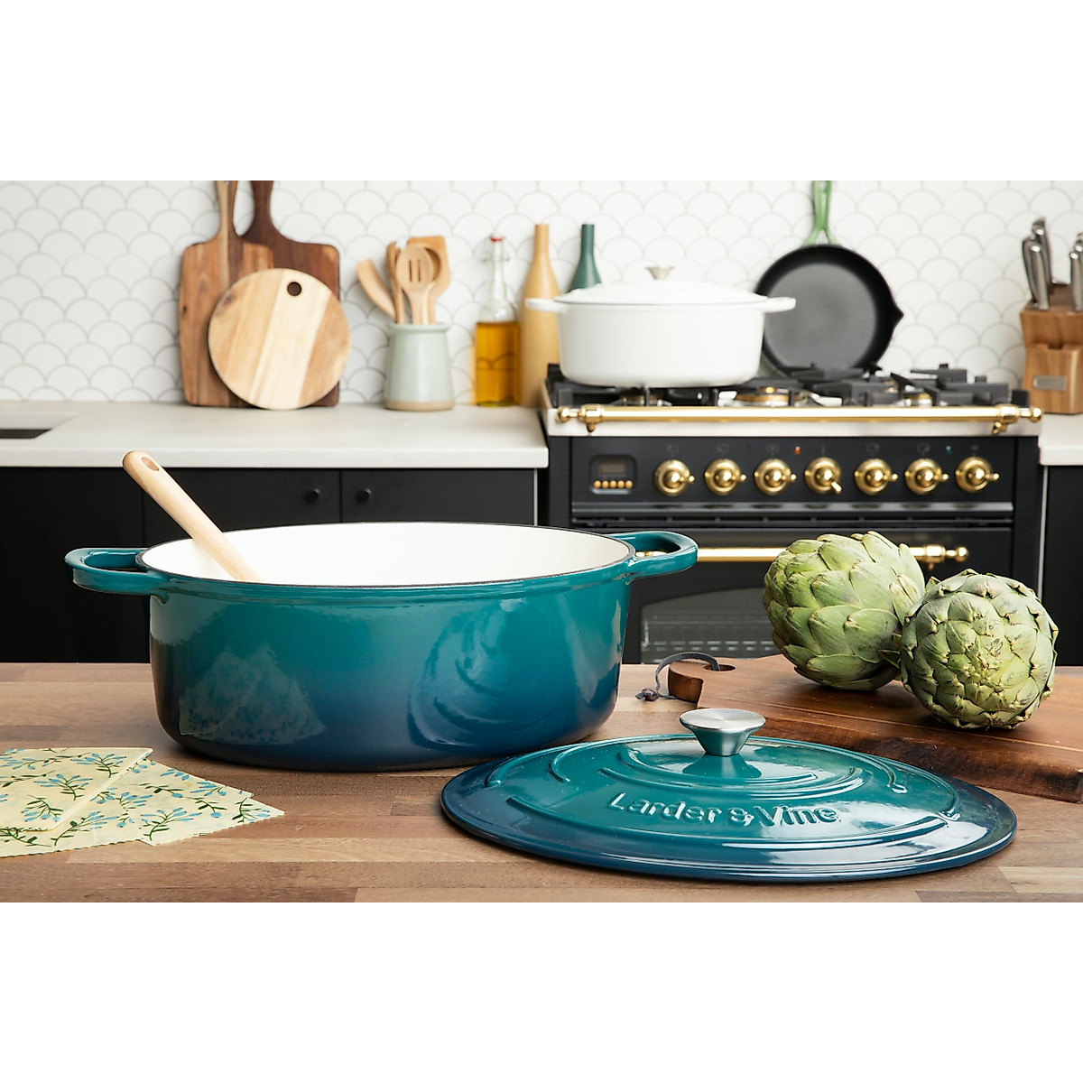 Larder & Vine Enameled Cast Iron Dutch Oven with Lid - Oversized Handles, Dome Lid, Dutch Oven for Sourdough Bread Making, 8QT/7.5L - (Bondi)