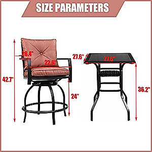 LOKATSE HOME 3 Piece Outdoor Patio Bistro Swivel Bar Sets with 2 Stools and 1 Glass Top Table, Chair, Red
