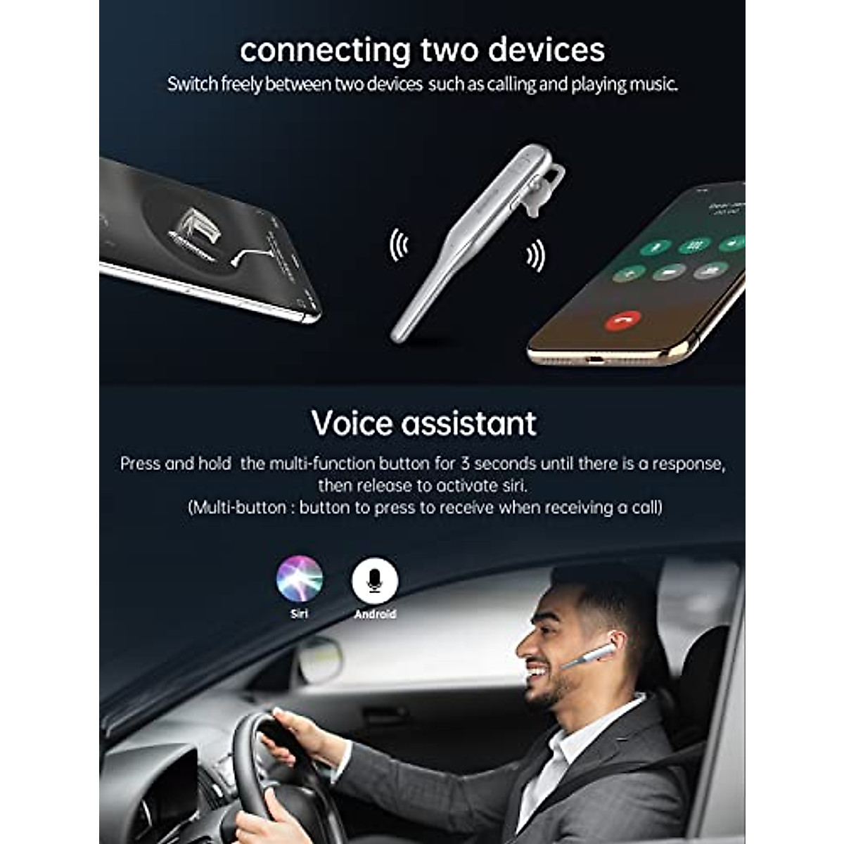 Glazata Wireless Headset with Dual MIC Noise Cancelling, apt-X & apt-X HD for Driving, Office, Business, Compatible with Cell Phone and PC - 「Silver」