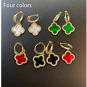 XUDEJUN Gold Plated 925 Sterling Silver Gem Hoop Earrings Clover Designs with Crystal Charms Crystal Natural Gemstone Dangle Earrings for Women（Butterfly shellfish White）…………