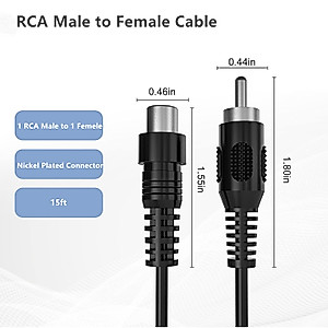 Ullnosoo RCA Extension Cable, 2 Pack 15ft Audio Video RCA Male to Female Cord for Speaker, Subwoofer, Camera, HDTV, Amplifier