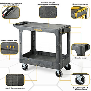 ELAFROS Heavy Duty Plastic Utility Cart Flat top 37 x 18.8 Inch - Work Cart Flat Shelves and Full Swivel Wheels Safely Holds up to 550 lbs - 2 Tier Service Cart for Warehouse,Garage, Cleaning Gray