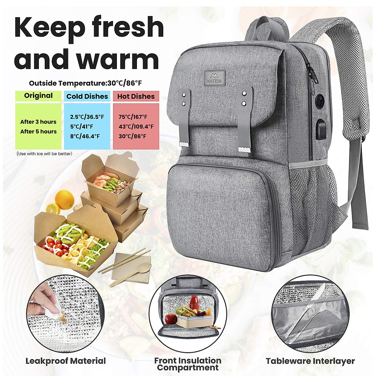 MATEIN Lunch Bags for Women, Cooler Lunchbox Insulated Work Backpack with USB Charging Port, Water Resistant Travel Computer Bag College Daypack Fits 15.6 Inch Laptop Friendship Gifts for Women, Grey