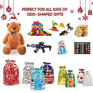 Bowount Christmas Drawstring Gift Bags 43pcs Assorted Sizes Christmas Bags Wrapping Sacks Pouches Santa Goody Bags with Squared Bottom in 4 Sizes and 8 Designs for Xmas Holiday Presents Party Favor