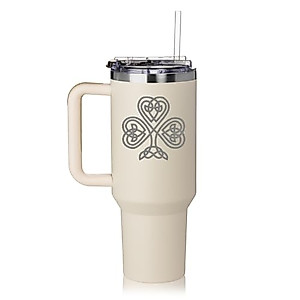 Daylor 40 oz Tumbler with Handle and Straw Lid Stainless Steel Insulated Travel Mug Cup Celtic Clover Shamrock (Cream)