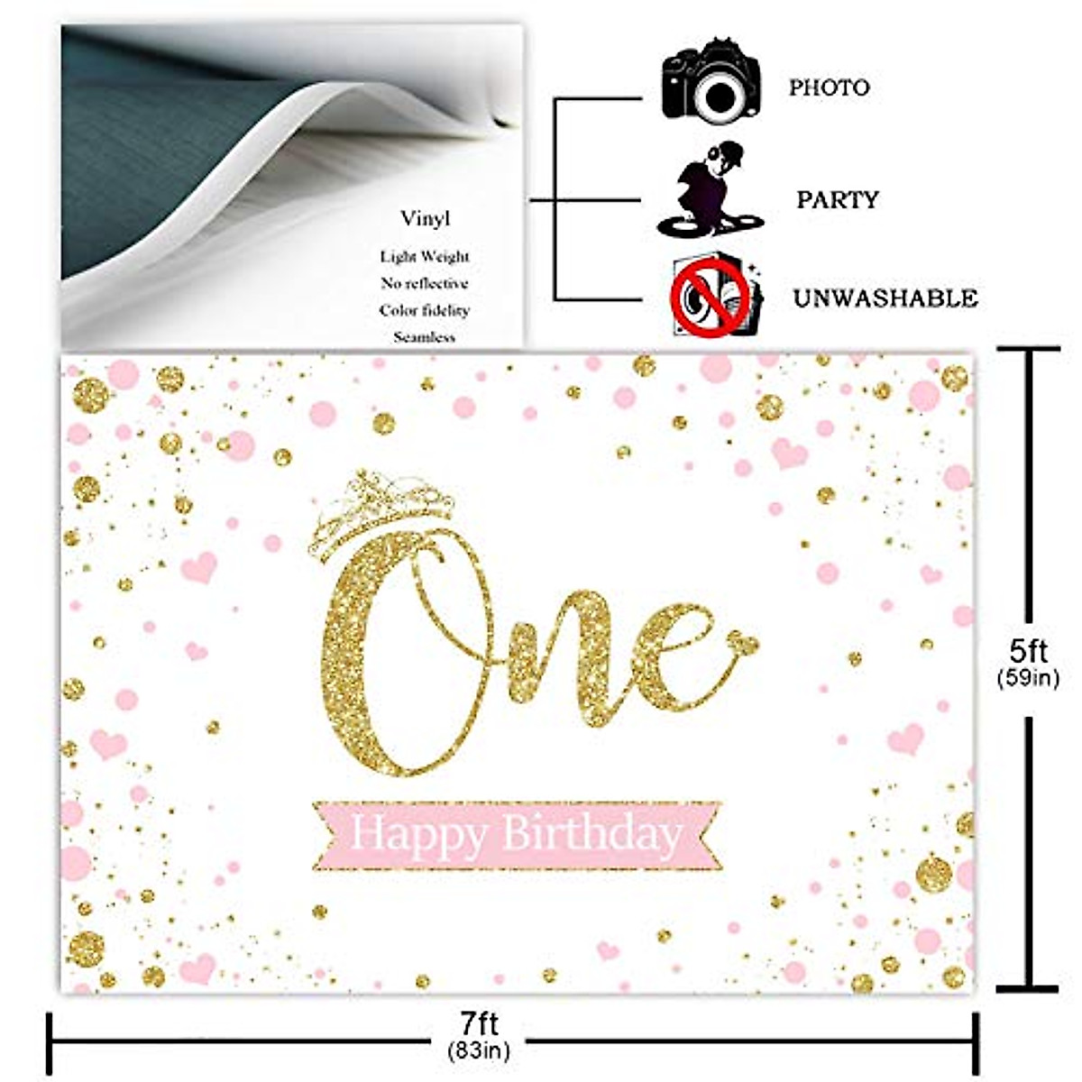 Avezano 1st Birthday Backdrop for Girl Pink and Gold Princess Birthday Party Photoshoot Crown Glitter Confetti Baby First One Happy Birthday Party Decorations Background (7x5ft, Pink and Gold)