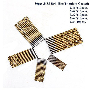 50 PCS,HSS Twist Drill Bits, 1/16", 5/64", 3/32", 7/64", 1/8" [10pcs for each],drilling on mild steel, copper, Aluminum, Zinc alloy (Titanium)