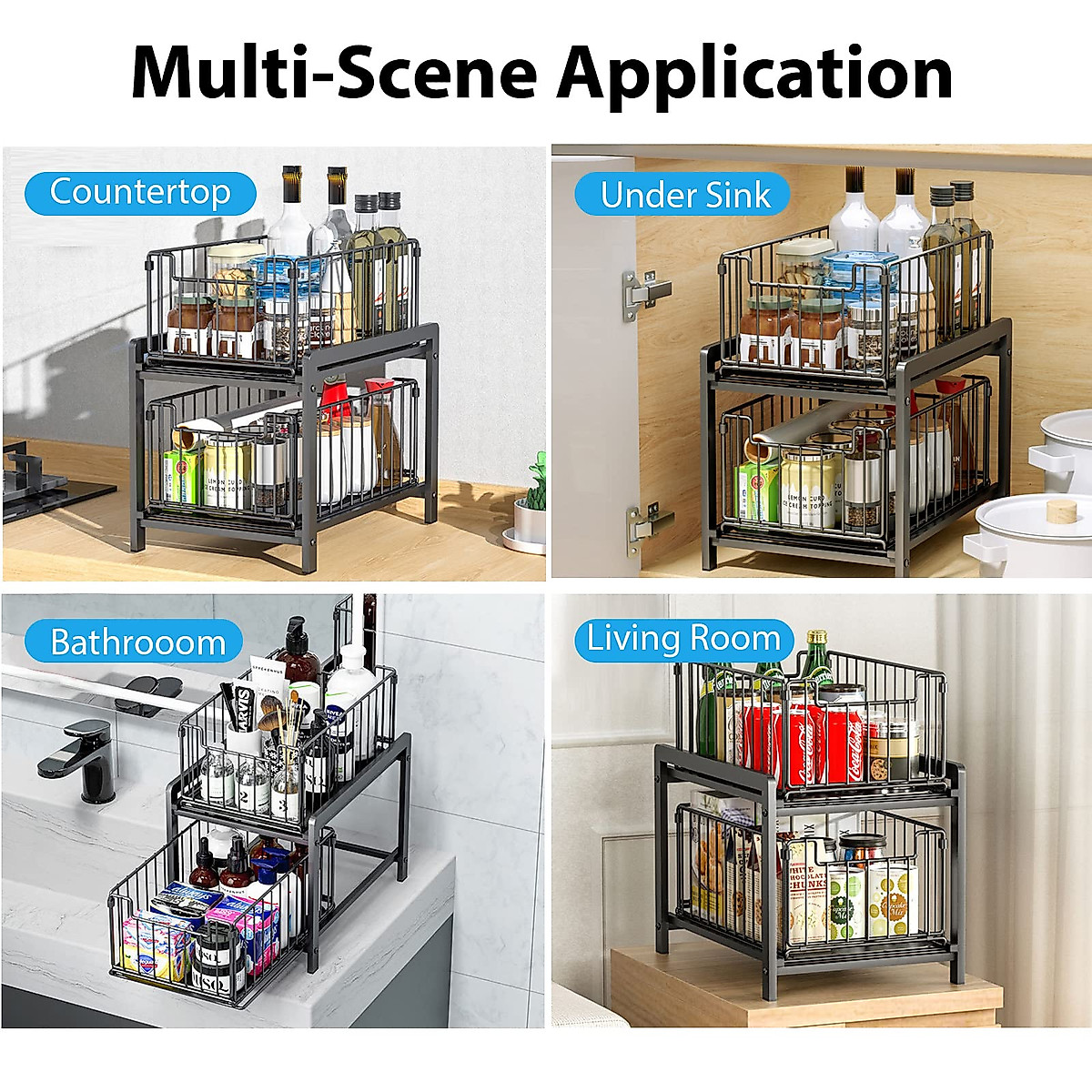 YTDTKJ 2 Tier Under Sink Organzier, Pull Out Cabinets Organizer Shelf Baskets, Stackable Sliding Cabinet Organizer for Kitchen, Pantry, Under The Sink, Cabinet, Bathroom, Black