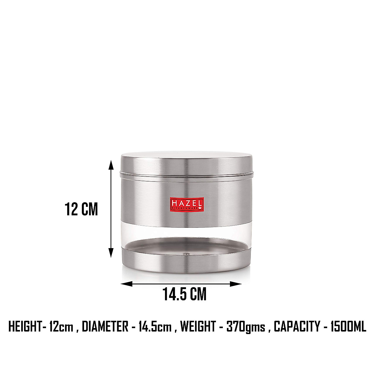 HAZEL Stainless Steel Containers Set For Kitchen Storage Transparent See Through Matt Finish Storage Dabba Jars, Set of 4, 1500 ML Each, Silver