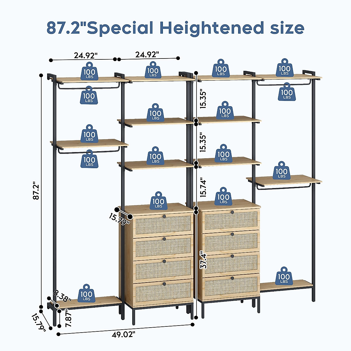 98.04 Inches Closet System, Large Wall Mount Wardrobe Cabinet Clothes Storage and Organizer Heavy-Duty Garment Rack Walk-in Clothes Rack with 8 Natural Rattan Drawers for Bedroom and Walk in Closets