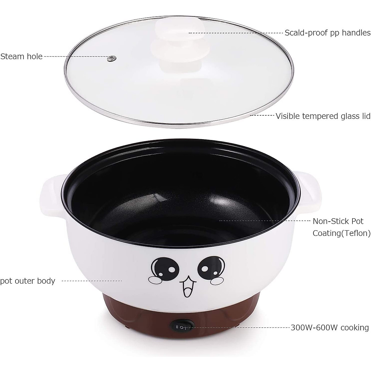 BXE 4-in-1 Multifunction Electric Cooker Skillet Wok Electric Hot Pot For Cook Rice Fried Noodles Stew Soup Steamed Fish Boiled Egg Small Non-stick with Lid (without Steamer,White)