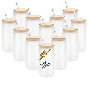 YOUKE OLA 12 Pack Sublimation Beer Drinking Cups with Bamboo Lids & Straw 16oz