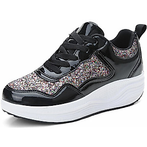 PPXID Women's Platform Sequins Fashion Sneakers Walking Shoes Lightweight Non Slip Running Shoes-Black 7.5 US Size