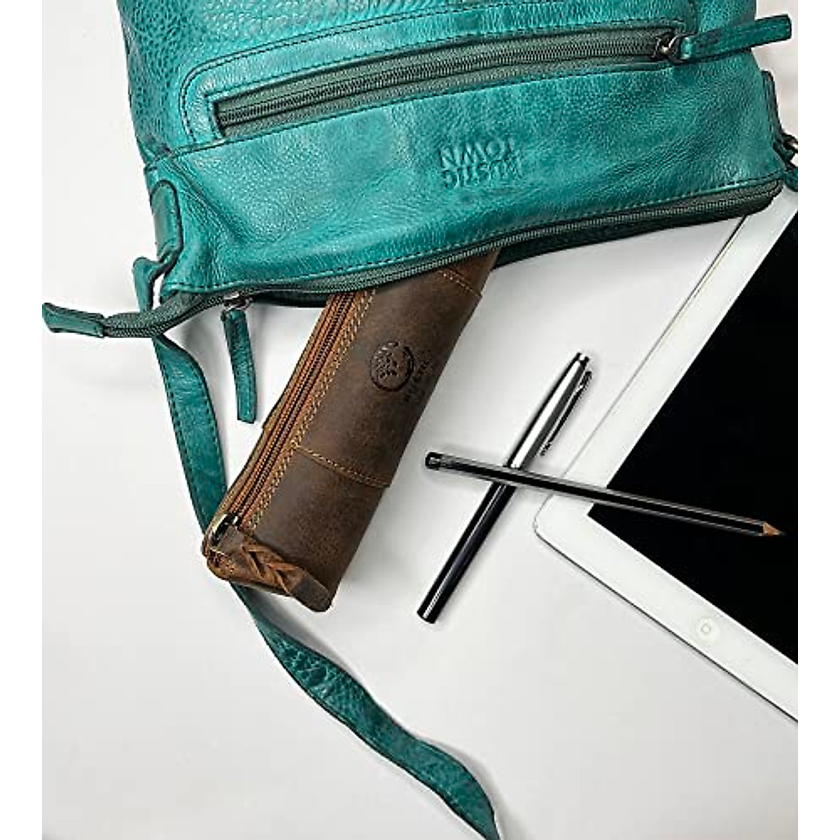 RUSTIC TOWN Leather Pencil Pouch - Zippered Pen Case for Work & Office (Brown)