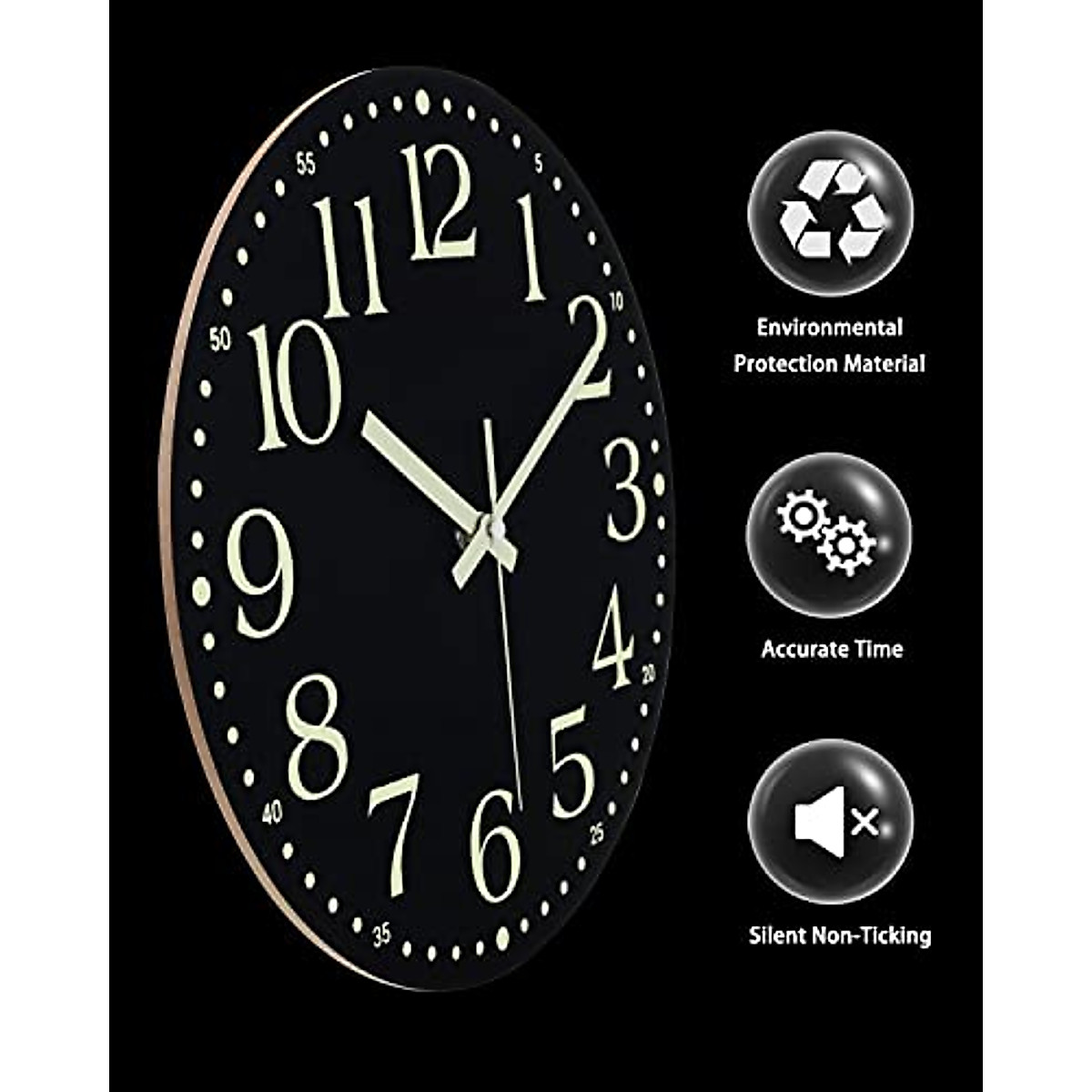 JoFomp Wooden Glow in The Dark Clock, 12 inch Silent Non-Ticking Battery Operated Clock, Energy-Absorbing Luminous Numerals and Hands, Lighted Wall Clock Decoration for Bedroom Living Room