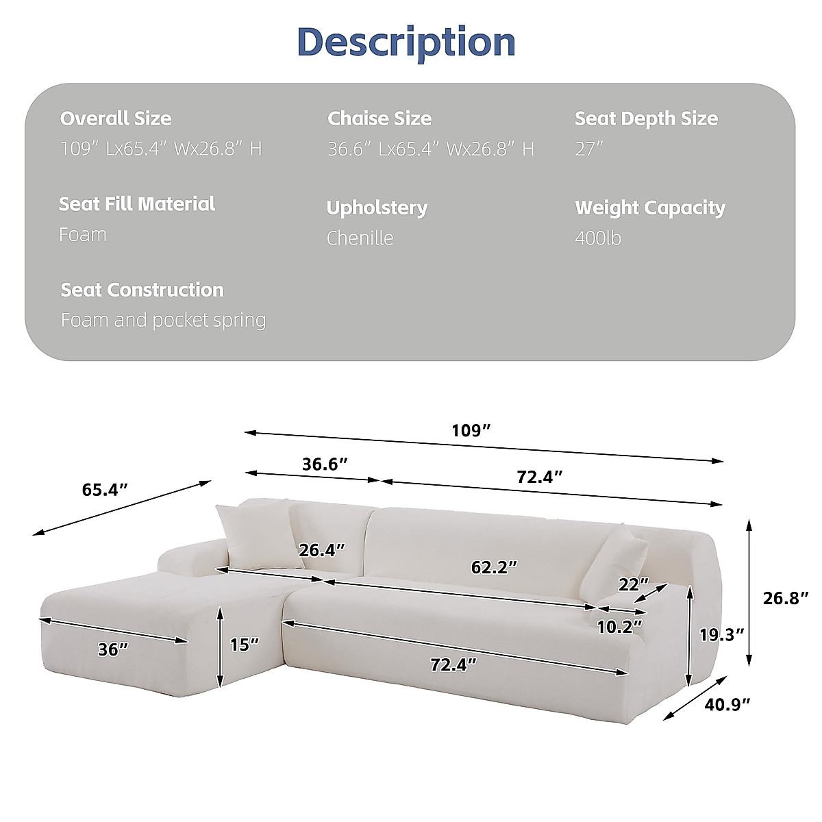 Yoglad Minimalist Style Modern L Shape Sectional Sofa Set, 3 Seat Upholstered Cloud Couch with Chaise Lounge - for Living Room,Bedroom,Apartment(Chenille Cream)