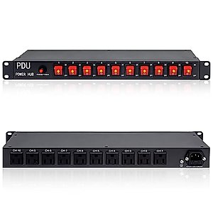10 Outlet Horizontal 1U Rack Mount PDU Power Strip - Surge Protection,10 Individual Led Switches，AC 100V-240V-15A.for Network Server Racks, 6 Feet Heavy Power Cord