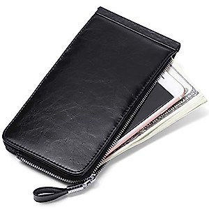 JEEBURYEE Women's Oil Wax Real Leather Multi Credit Card Holder Wallet RFID Blocking Long Bifold Clutch Wallet Ladies Purse with Zipper Pocket Black