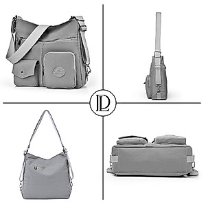 Multipurpose Hobo Purse for Women with Antitheft RFID, Waterproof Nylon Crossbody Bag Shoulder Handbag, Convertible Backpack (Grey)