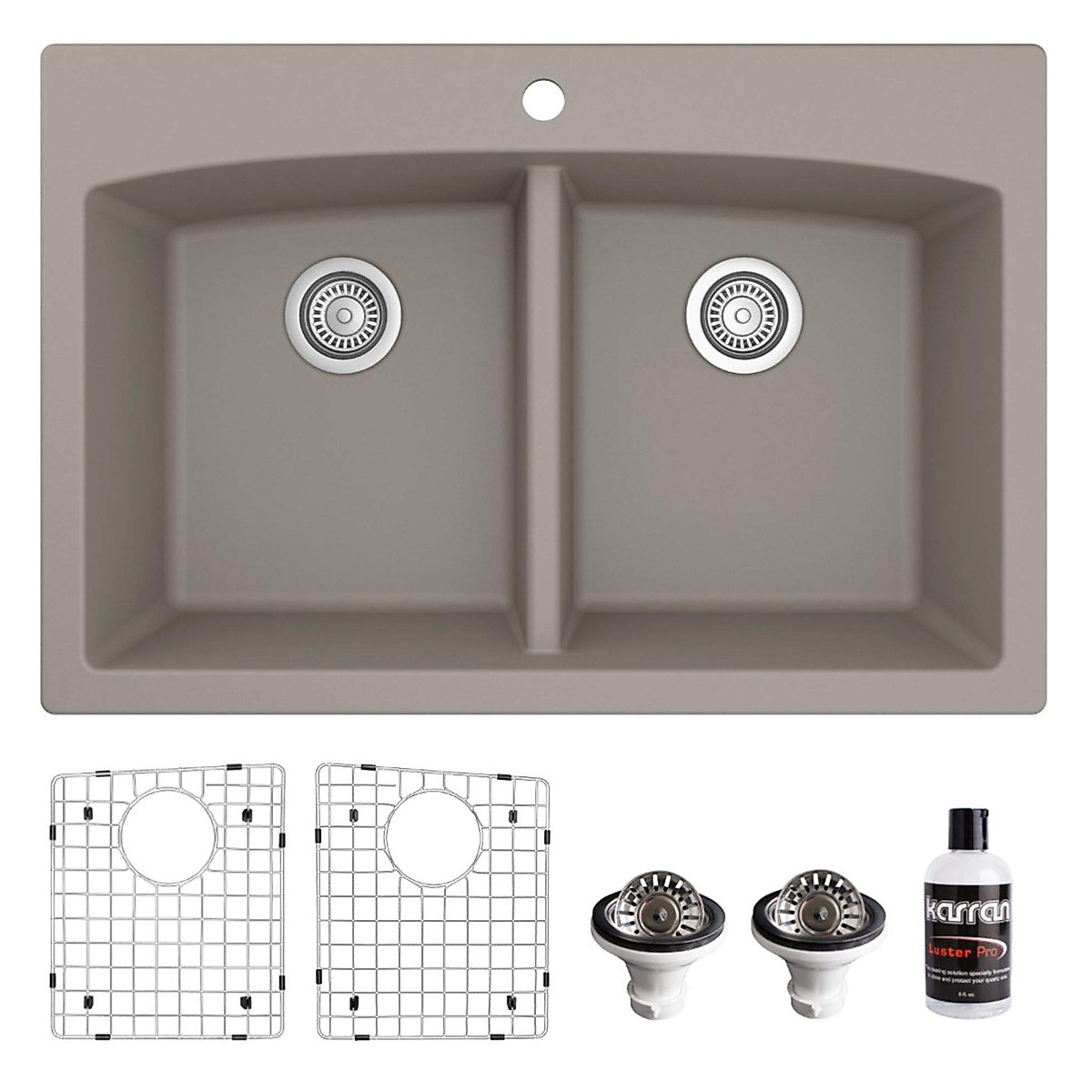Karran QT-710 Drop-in Quartz Composite 33 in. 1-Hole 50/50 Double Bowl Kitchen Sink Kit in Concrete