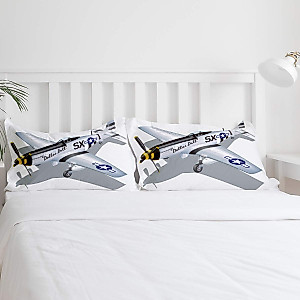 Artistic Duvet Cover Queen Size 4Pcs Bedding Duvet Cover Set(Comforter Cover Pillowcases Flat Sheet) P-51 Dallas Doll Print American Air Force Classic Plane Bedding Cover Set for Bedroom, Hotel Decor
